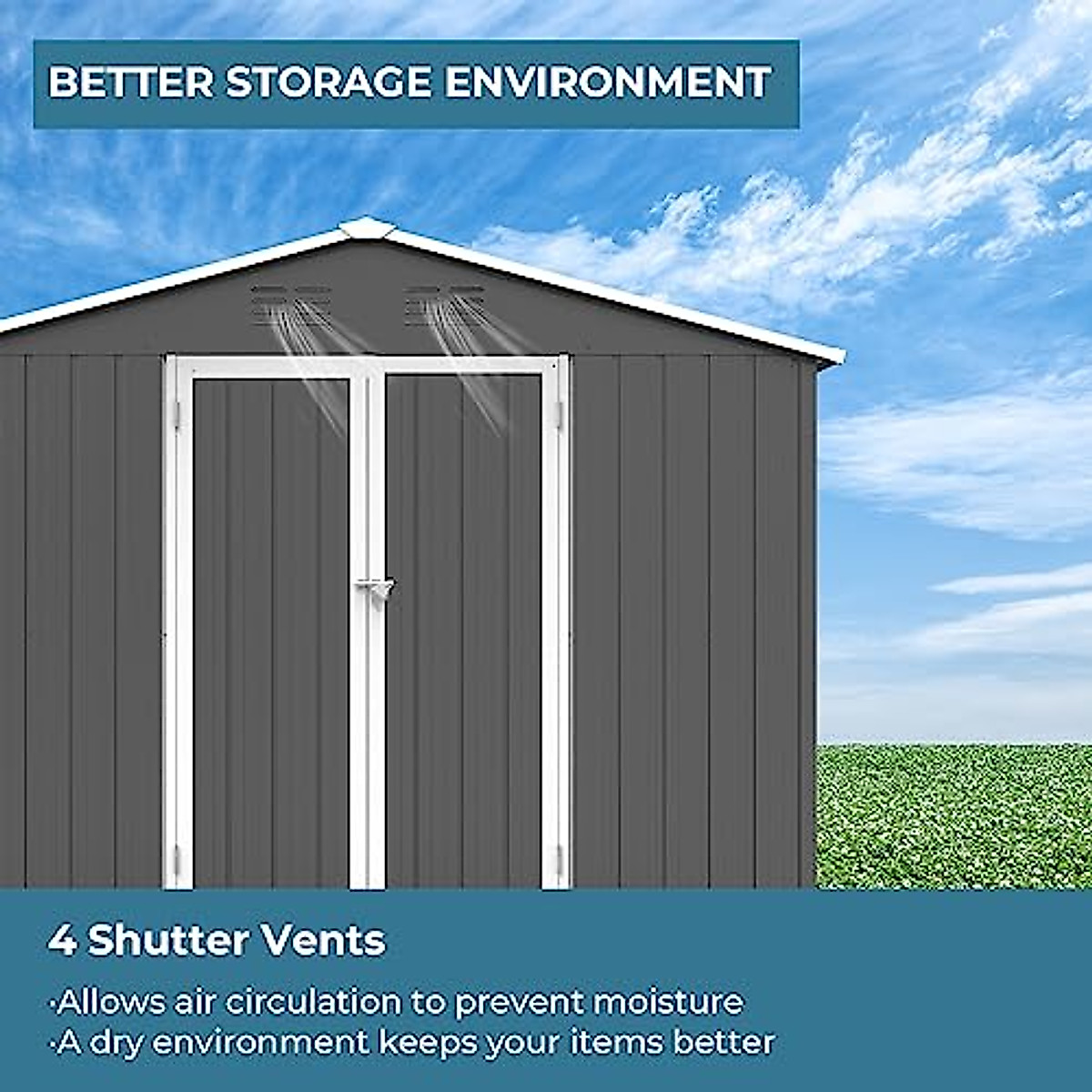 Zevemomo 8 x 6 ft Outdoor Storage Shed, All Weather Tool Shed with Metal Foundation & Lockable Doors, Metal Shed Outdoor Storage for Garden, Patio, Backyard, Lawn, Grey