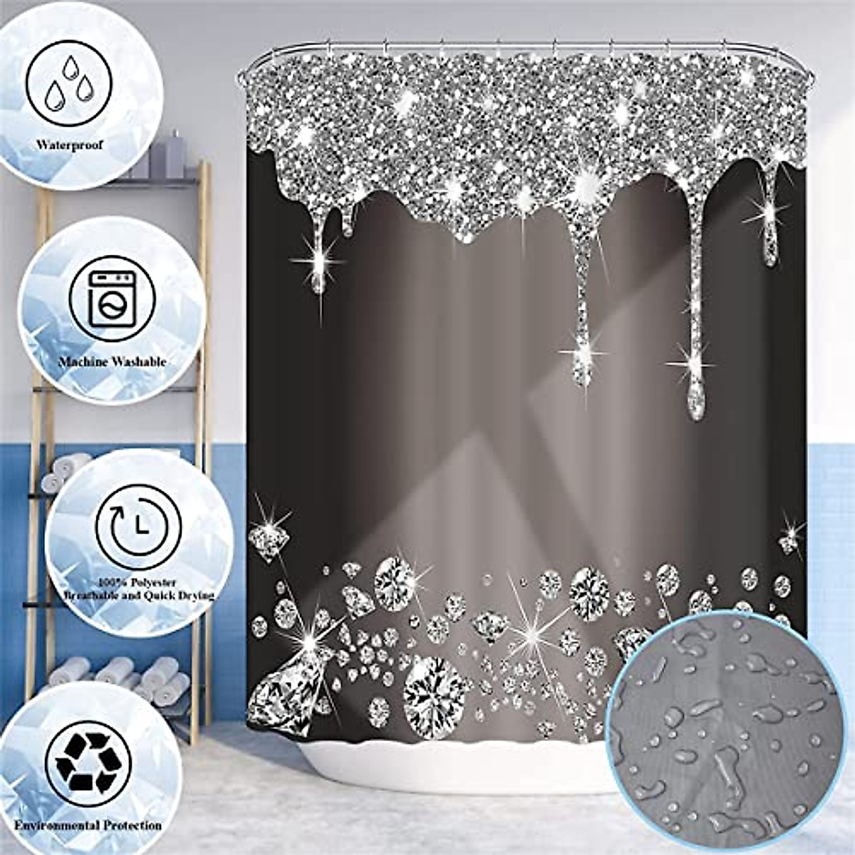 MEXERA 4PCS Bling Diamond Shower Curtain Set with Non-Slip Rugs Toilet Lid Cover and Bath Mat Shower Curtain with 12 Hooks Bathroom Sets with Shower Curtain and Rugs and Accessories