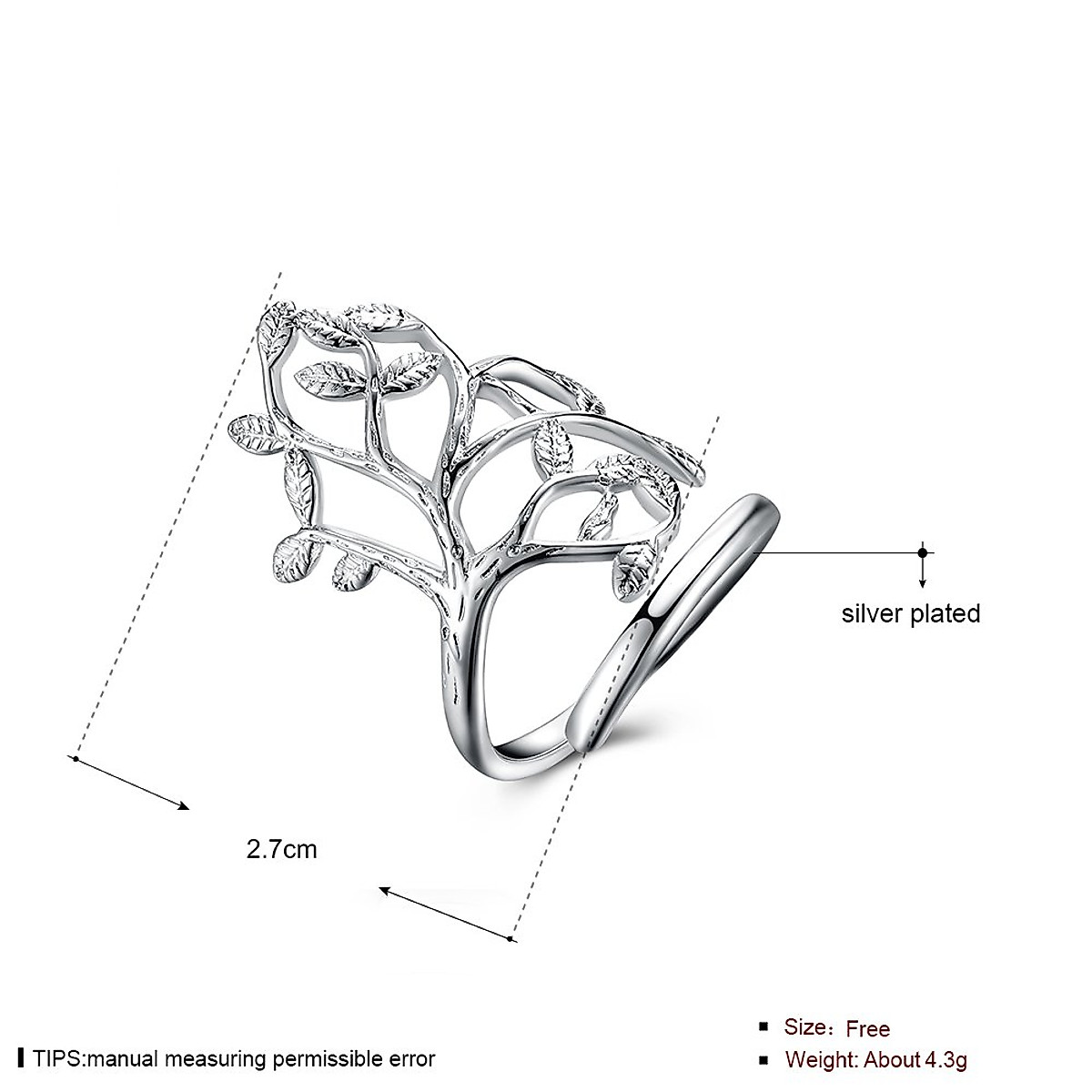 Sterling Silver Plated Ring Women's Tree Of Life Adjustable Size B542