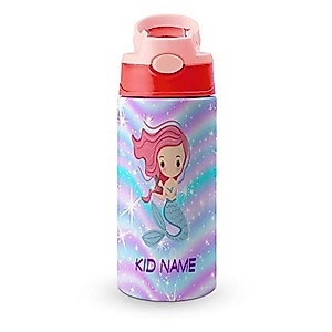 Custom Pink Mermaid Kids Water Bottle with Straw Lid Personalized Add Your Text Stainless Steel Sports Water Bottles Customized Reusable Leak-Proof Toddlers Cup for School, Travel