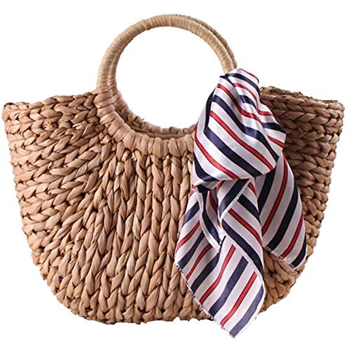 Hand-woven Straw Large Hobo Bag for Women Round Handle Ring Toto Retro Summer Beach (Brown 2)