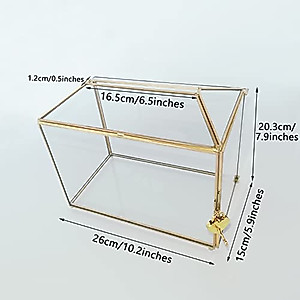 NCYP Gold Glass Cards Box with Slot and Lock for Wedding Reception - 10.2x5.9x7.9 Inches - Birthdays Party Card Holder, Home Geometric Decorative Box, Large Clear Terrarium (Glass Box Only)