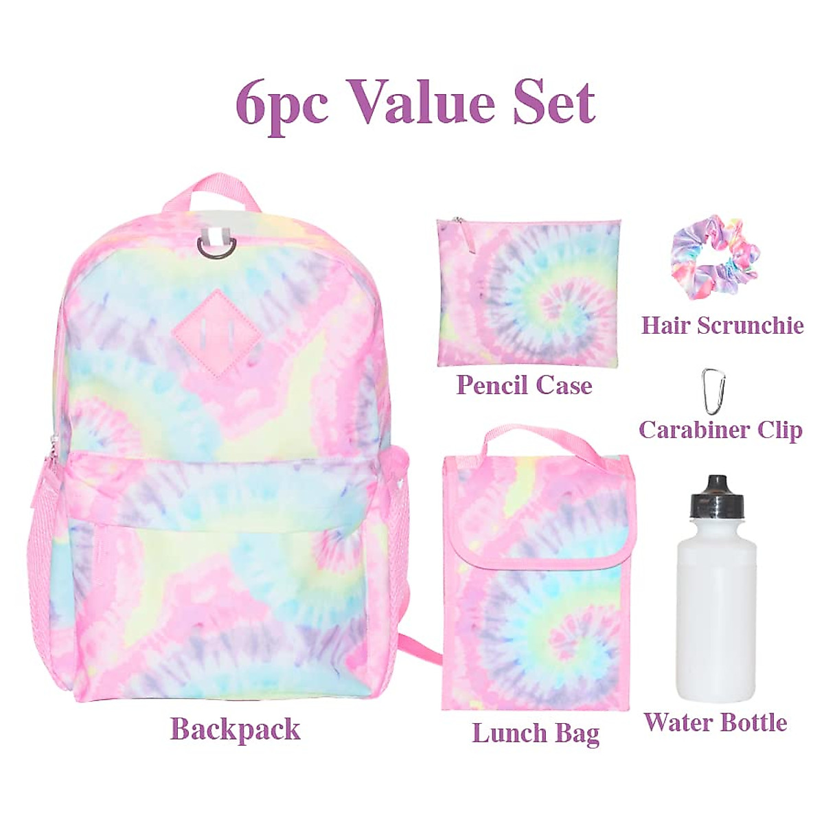 CLUB LIBBY LU Tie Dye Backpack Set for Girls, 16 inch, 6 Pieces - Includes Foldable Lunch Bag, Water Bottle, Scrunchie, & Pencil Case