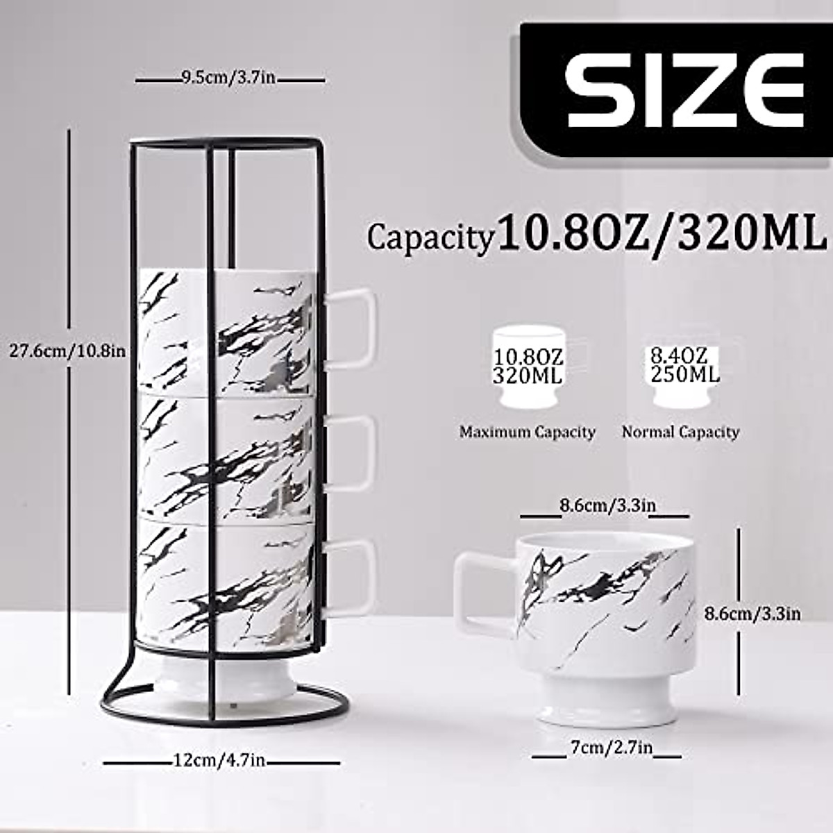 ANTIS'S HOME Stackable Coffee Mugs Set of 4 with Stand, Marble Silver Pattern 10 OZ Ceramic Coffee Mug Set with Rack, Espresso Cups Set Coffee Cup Set for Coffee, Tea, Cocoa, Milk