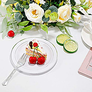 WELLIFE 120 PCS Silver Plastic Dessert Plates with 120 PCS Silver Forks,6.3 inch Disposable Salad Plates,Premium White Appetizer Plates with Silver Rims Ideal for Weddings& Parties.