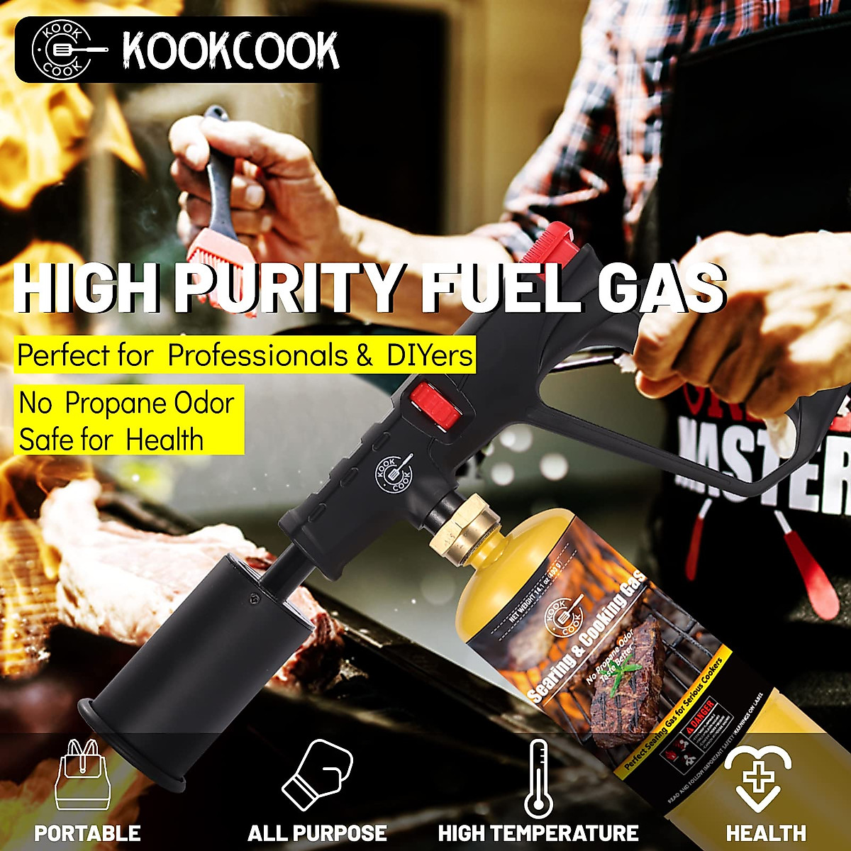 KookCook Cooking Grill Torch Kit with 2x14.1oz Fuel Gas Cylinder Sous Vide Blowtorch MAPP MAP Pro Propane Torch Food Kitchen Grilling Gun Culinary BBQ Tool for Searing Outdoor Camping Charcoal Starter