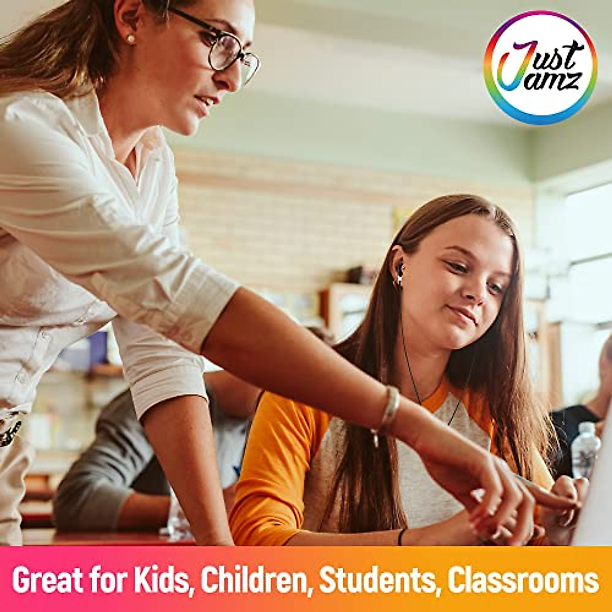 JustJamz Bulk Earbuds 100 Pack | Basic Ear Bud, Black Dot in-Ear Earbuds, Disposable Headphones, Class Headphones Set for Students, Earphones for Class, Kids, Classroom, Library,Wired Earbuds Bundle