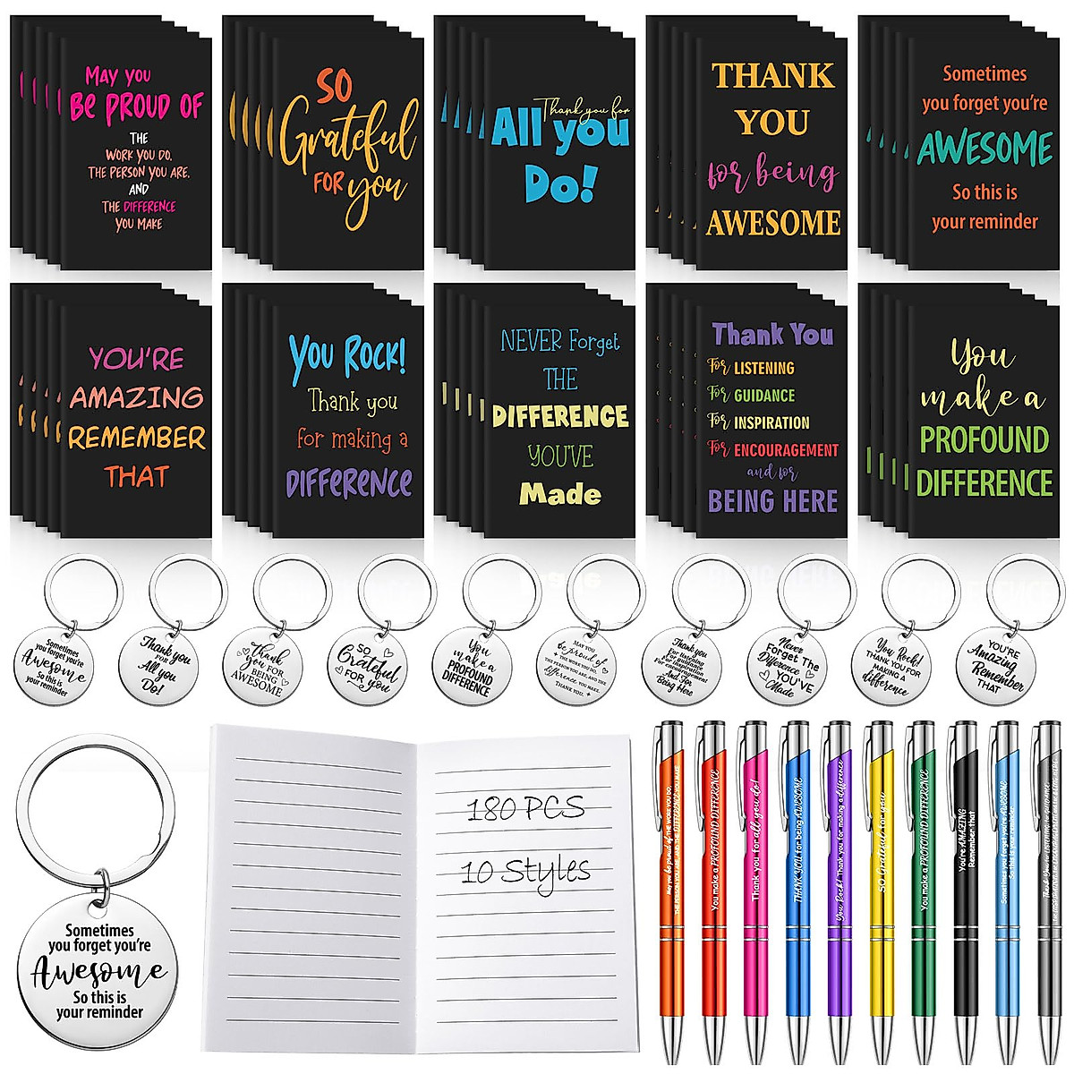 Yeaqee 180 Pcs Thank You Gifts Employees Appreciation Gifts Bulk for Coworkers Inspirational Notebook Pen Keychain(Vintage)