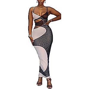 Uni Clau Women Sexy Sheer Mesh Dress Ruched Hollow Out Layering Bodycon Long Dresses Party Club Wear Black