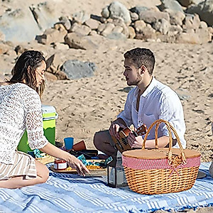 Wicker Picnic Basket with Liner, Wooden Split Lid Picnic Basket, Vintage-Style Wicker Picnic Hamper with Folding Woven Handle for Picnic, Camping, Outdoor, Valentine Day, Thanks Giving, Birthday (Red)