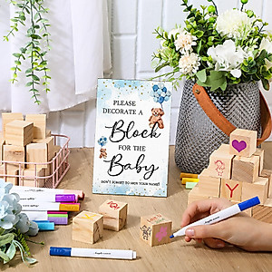 Qilery 75 Pcs Baby Shower Games Sign Kit Including Decorate a Block Game Sign 50 DIY Blank Wooden Block 24 Acrylic Paint Marker Baby Shower Prize for Winners Gender Reveal, Bear (Blue)