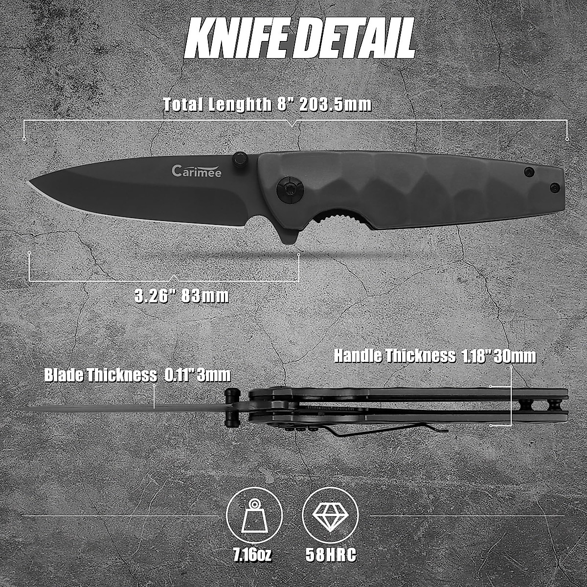 Carimee Pocket Knife 3.3", Solid D2 Steel Blade, Heavy Thick FineCNC machianed Handle, Fully Ti-coated,premium EDC Gifts