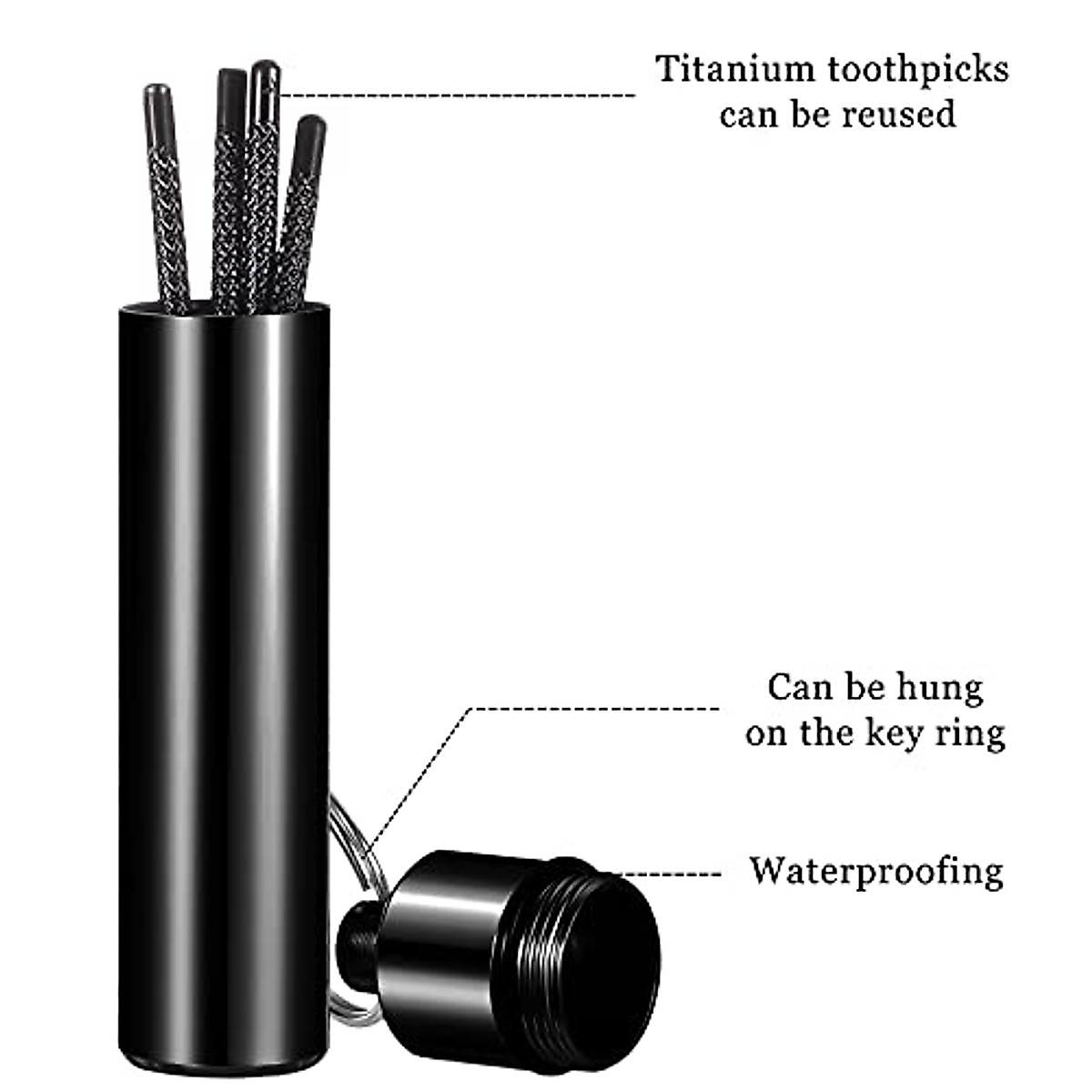 Portable Titanium Toothpicks Pocket Set Reusable Metal Stainless Steel Toothpicks with Holder for Outdoor Picnic and Camping (Black,2 Sets)