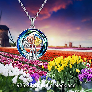 CRMAD Tulips Necklace Sterling Silver Crystal Flower Tulips Jewelry Mother's Day Gifts for Mom