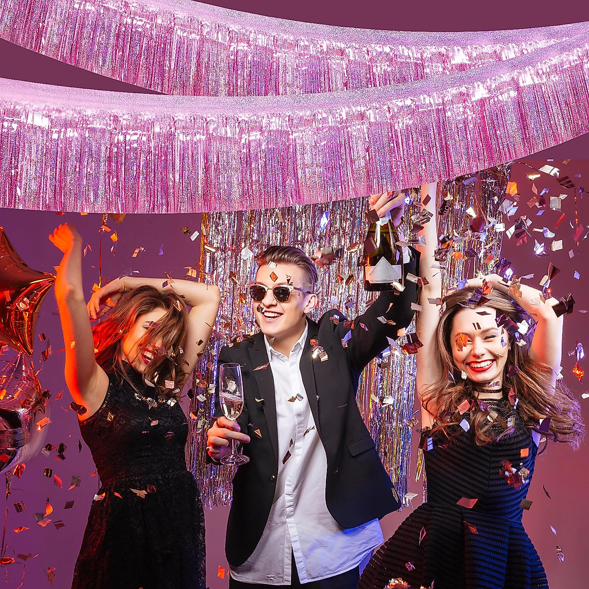 3 Pack×10Ft Pink Iridescent Foil Fringe Banner Party Decorations, Shiny Metallic Tinsel Streamers Hanging Garland Photo Booth Backdrop Wall for Wedding Birthday Bachelorette Party Supplies