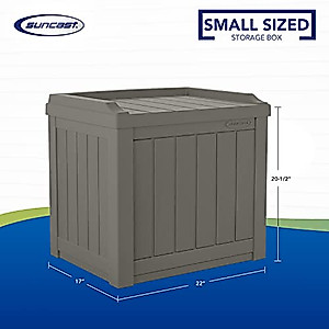 Suncast 22-Gallon Small Deck Box - Lightweight Resin Indoor/Outdoor Storage Container and Seat for Patio Cushions and Gardening Tools - Store Items on Garage, Yard - Stone Gray
