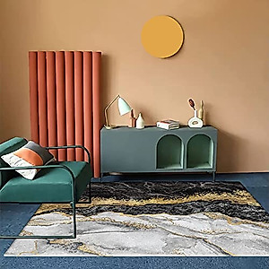 Abstract Modern Marble Area Rug, Black and Gold Marble Rugs Floor Carpet, Indoor Non-Slip Rug for Room Sofa Living Room Mat Bedroom Home Decor Floor Mats 6.6' x 5.3'