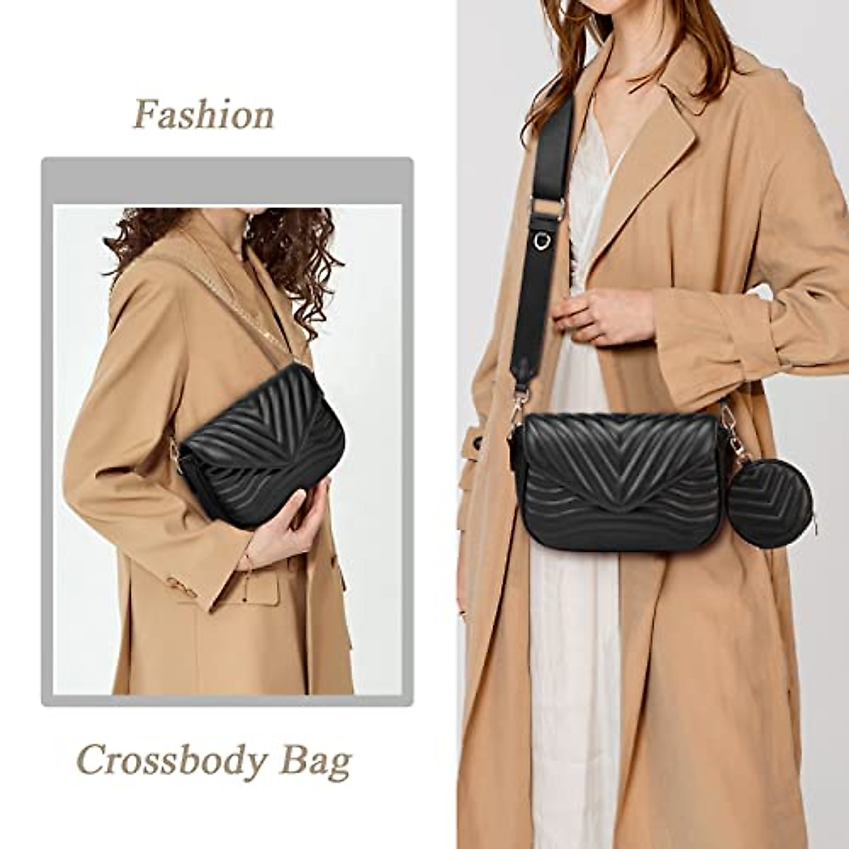 Small Quilted Crossbody Bags for Women Black Shoulder Purses Trendy Designer Handbags Multipurpose Pochette Satchel Bag witn Mini Coin Purse-2 Set