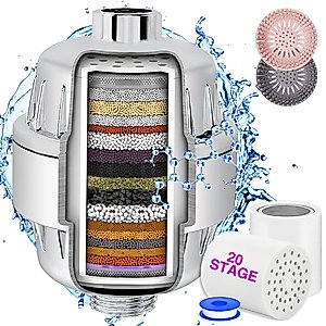Shower Filter, 20 Stage Shower Head Filter for Hard Water High Output Shower Water Filter Shower Water Softener with 2 Replaceable Filter Cartridges Reduce Flouride Chlorine, Dry Skin, Itchy Scalp