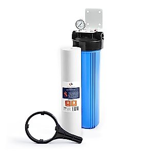 Whole House Water Filter System Housing 20"x 4.5" for Well Water - w/Wrench, Bracket & Pressure Gauge & Release Button(1" Port) and Sediment Filter - Compatible with Pentek 150234, BBFS-22, 166201