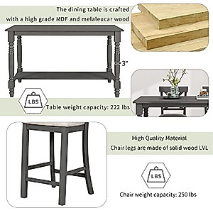 Merax 6-Piece Wooden Counter Height Rectangular Table Set with Bottom Shelf, 4 Chairs, and Padded Bench for Dining Room, Gray(Update)
