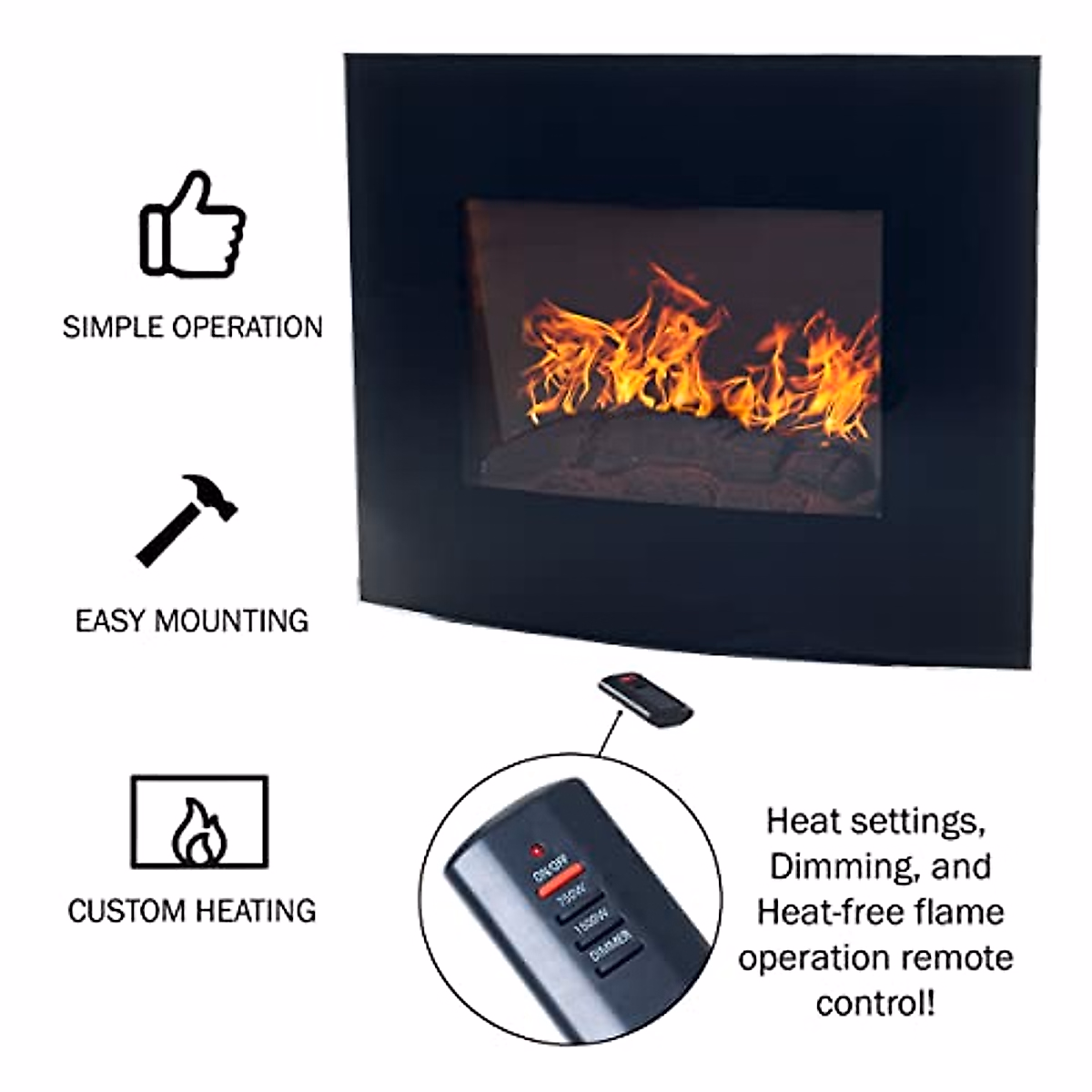 25.5-Inch Wall Mounted Electric Fireplace - Curved Glass Heater with Log Fuel Effect, Adjustable Flames, and Remote Control by Northwest (Black)