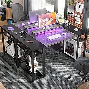 armocity Computer Desk with LED Lights, 48 Inch Desk with Power Outlet and USB, Reversible Large Desk with Moveable Monitor Stand, 48'' Gaming PC Table for Home Office, Workstation, Grey and Black
