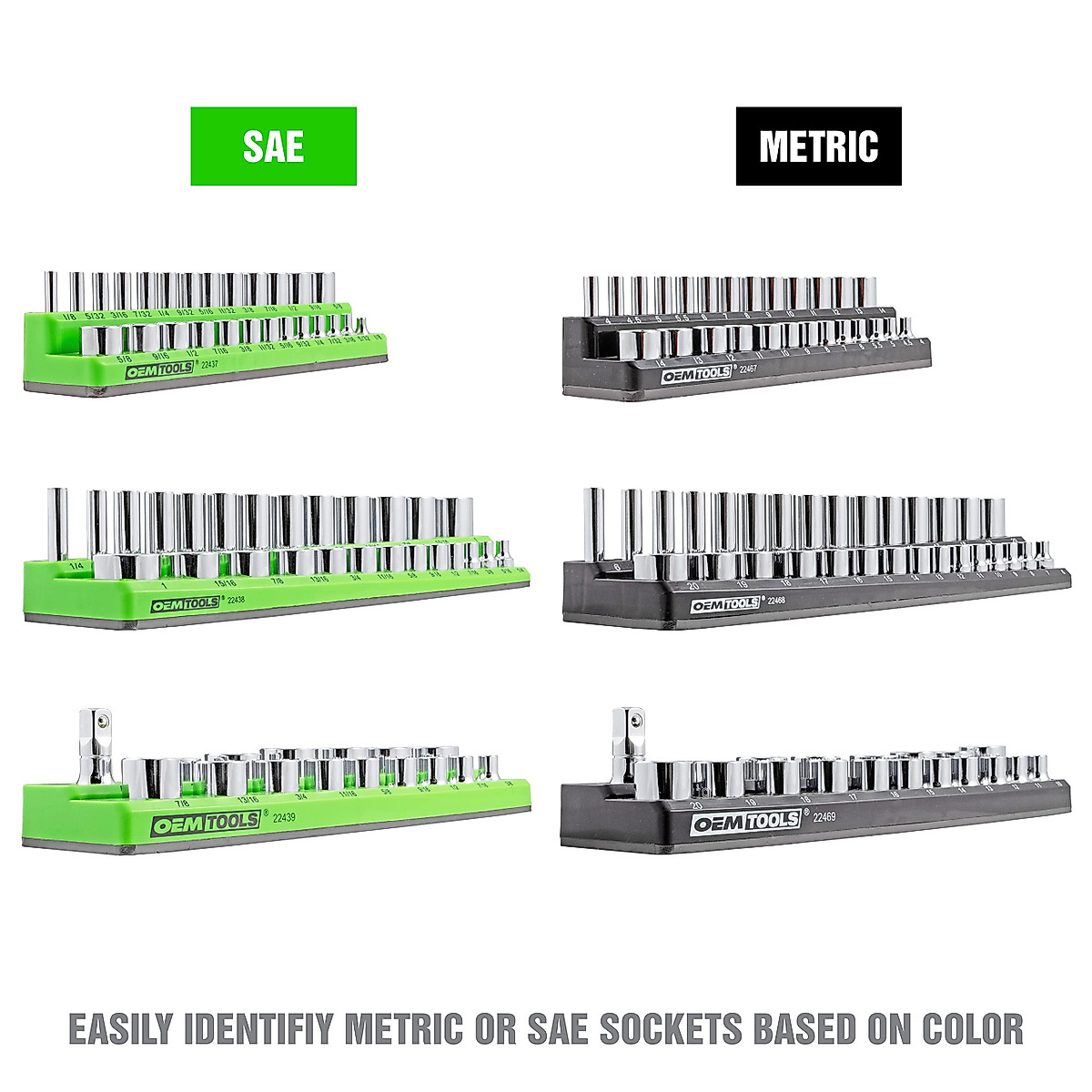 OEMTOOLS 22488 6 Pack Set Metric and SAE Magnetic Socket Tray Set, Black and Green Socket Organizers, 1/4, 3/8, 1/2 Inch Drive Socket Organizer Tray Set