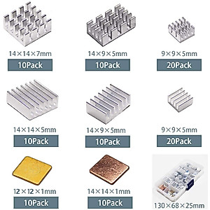 Pastall 100 PCS (8 Different Sizes) Heatsink Kit with Conductive Adhesive Tape, Aluminum Heat Sink Cooler and Copper Heatsink for Raspberry Pi A B B+ 2/3/4