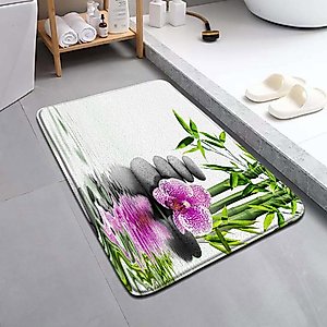 Spa Bathroom Mat Green Bamboo Leaves Stone Purple Flower Meditation Zen Garden Spring Scenery Pattern Flannel Rugs Bath Kitchen Doorway Aisle Cloth Carpet Home Decor 17.71 x 29.52 Inch