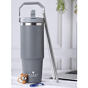 NAMAH-AtYourService 30oz/890ml Stainless Steel Tumbler Handle - Vacuum Insulated leakproof extra Cloud LID Stainless Steel Straw Straw Cap cleaning brush & Carabiner Hook (Stormy Slate Gray), Large