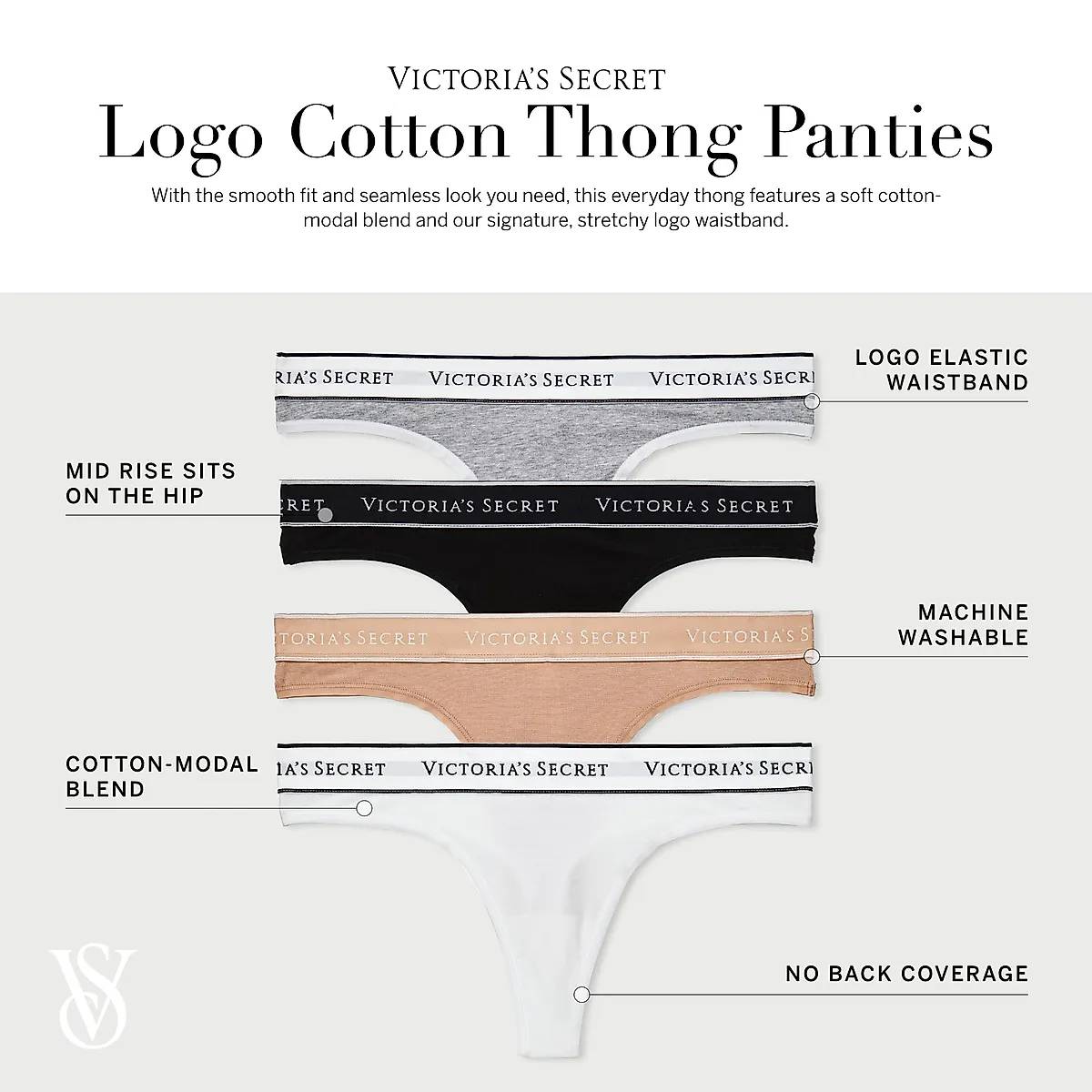 Victoria's Secret Cotton Logo Thong Panty Pack, Underwear for Women, 4 Pack, Medium Heather Grey (L)