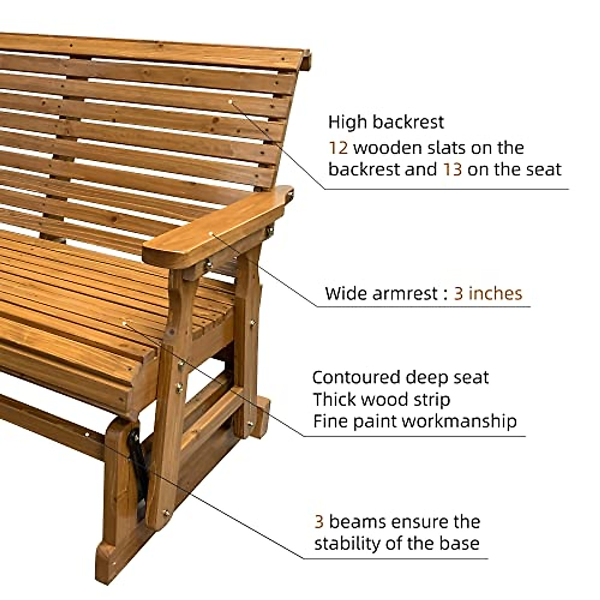 Wooden Patio Glider with High Roll Back and Deep Contoured Seat, Solid Fir Wood, 2-Seater, Heavy Duty 800 LBS, 4 Feet