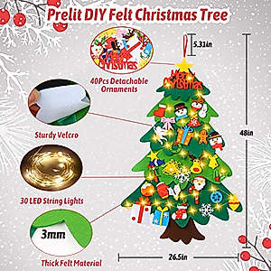 KIMOBER Lighted Felt Christmas Tree,Prelit DIY Christmas Tree with 40Pcs Detachable Ornaments Wall Hanging Decor for Xmas Party