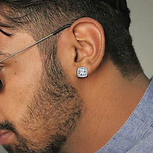 18K White Gold Plated Round Square Cubic Zirconia Simulated Diamond Halo Stud Earrings (2 Pairs)