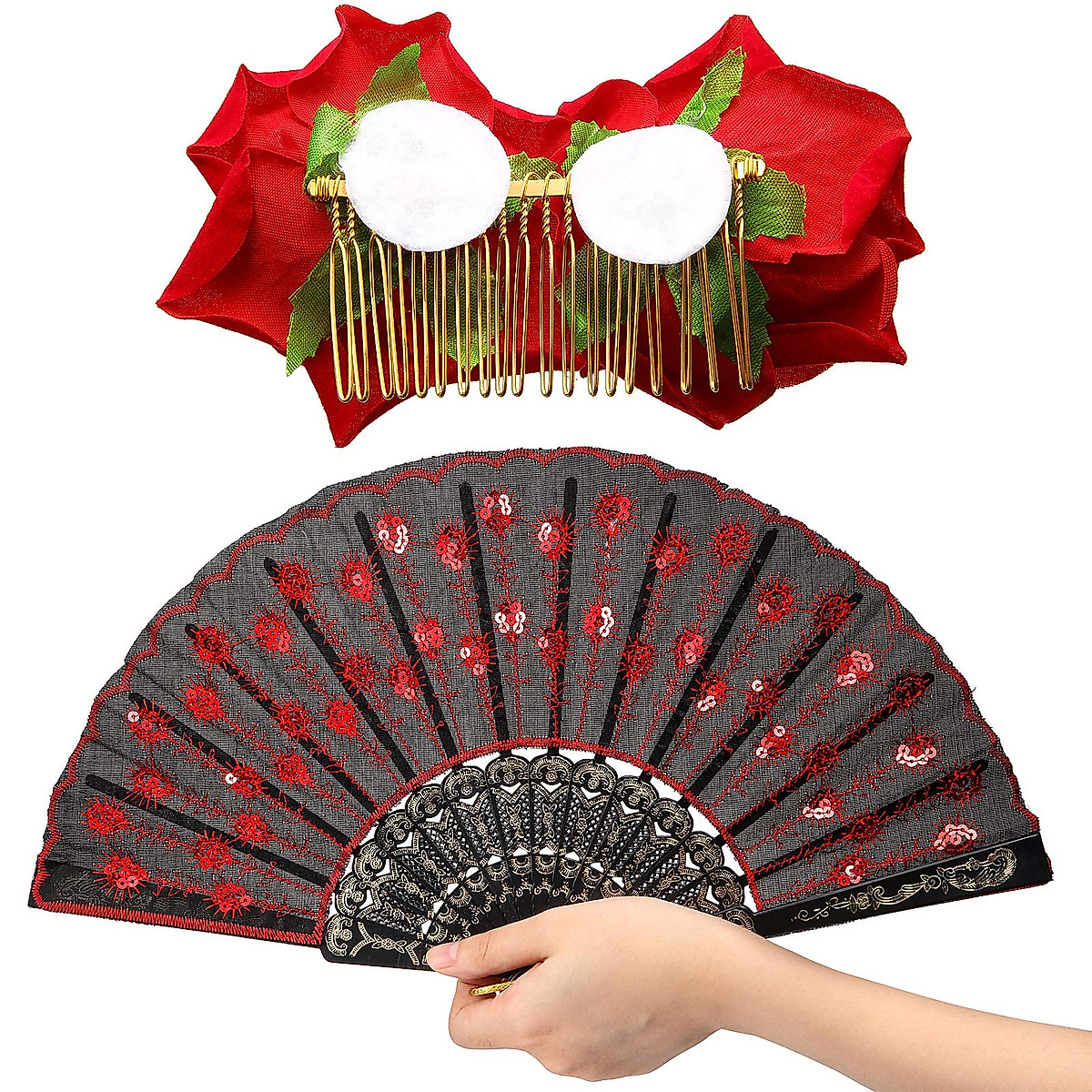 2 Pieces Women Rose Flower Hair Clip and Embroidered Sequins Fabric Handheld Folding Fan Hair Accessories for Flamenco Dancer Costume Accessories Girl Halloween Cosplay Party (Red)
