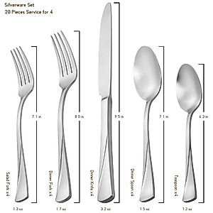 Alata Alice 20-Piece Silverware Set Stainless Steel Flatware Set,Service for 4,Matte Satin Polished Cutlery Set,Dishwasher Safe