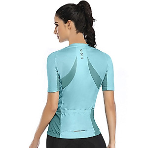 Santic Women's Cycling Jersey Short Sleeve Biking Shirt Full Zip Tops with 3 Pockets Breathable Quick Dry Blue