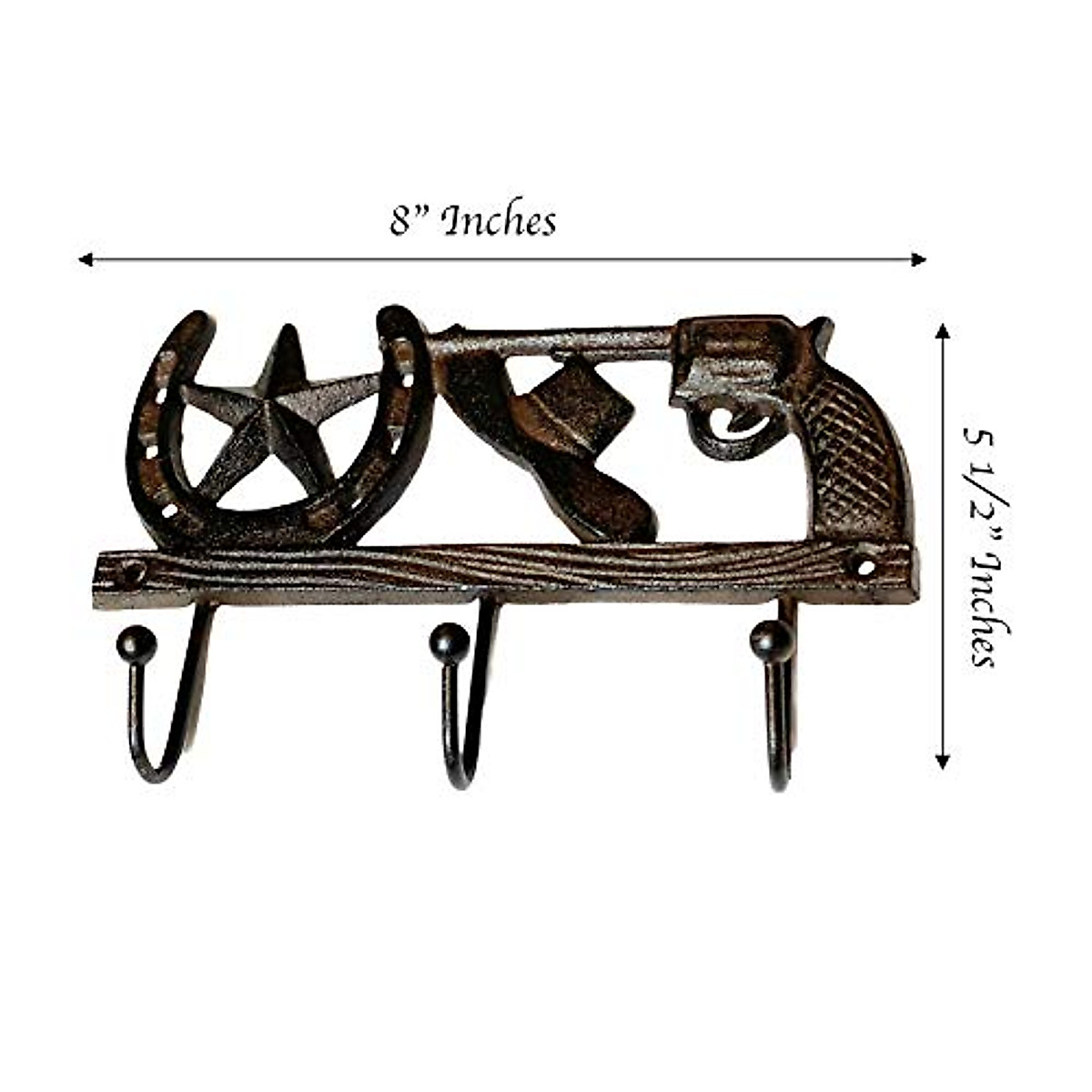 Urbalabs Western Cast Iron Rustic Country Wall Hooks Coat or Key Holder Wall Hook Mounted Decorative for Hats, Coats, Keys, Towels, Mudroom, Entryway, Mancave Bronze (Western 6 Shooter Star and Hat)