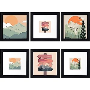 Scholartree Black 8x8 Picture Frames Set of 6, Display 8x8 without Mat or 4x4 with Mat，Wall Gallery Photo Frames