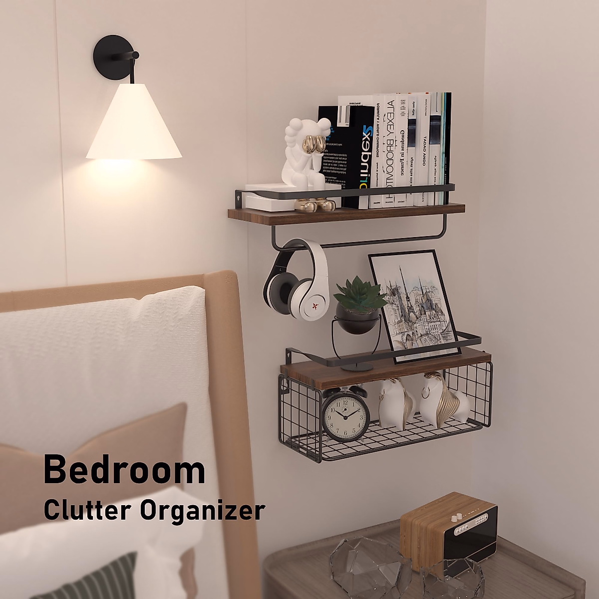 Chiozza Floating Shelves Wall Mounted, Bathroom Shelf Over Toilet with Storage Basket Set of 3, Wall Shelf with Towel Rack for Bedroom Decor Kitchen Storage