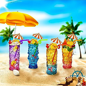 Burns Glass Set of 4 Colored Tiki Glasses - Perfect Tropical Cocktail Tiki Glassware for Tiki Bar, Island Parties, and Gifts for Tiki Lovers