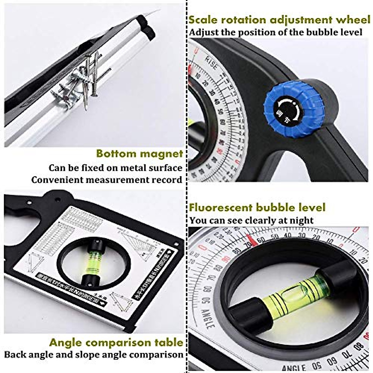 Universal Slope Angle Meter, Dual-Scale Rotary Pitch Finder with Level Vial + Thumb Dial, 0-180 Degree Inclinometer Magnetic Multifunctional Level Protractor