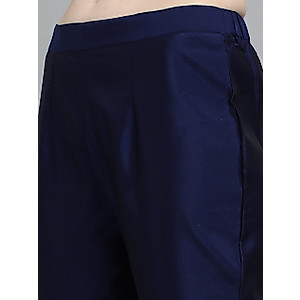 VredeVogel Women's Cotton Silk Jacquard Kurta Pant With Banarasi Silk Dupatta Large Navy Blue