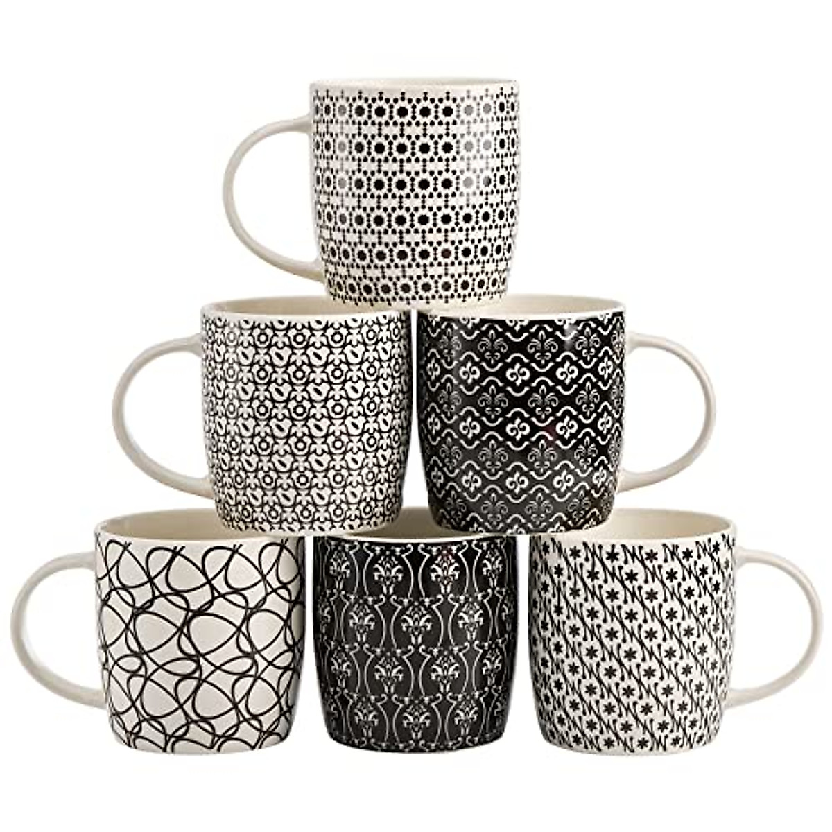 Okllen 6 Pack 11.5 Oz Coffee Mugs Geometric Textured, Ceramic Coffee Mugs Stylish Tea Cup Mugs Set Gift for Latte, Cappuccino, Milk, Water, Cocoa, Cereal, Black and White
