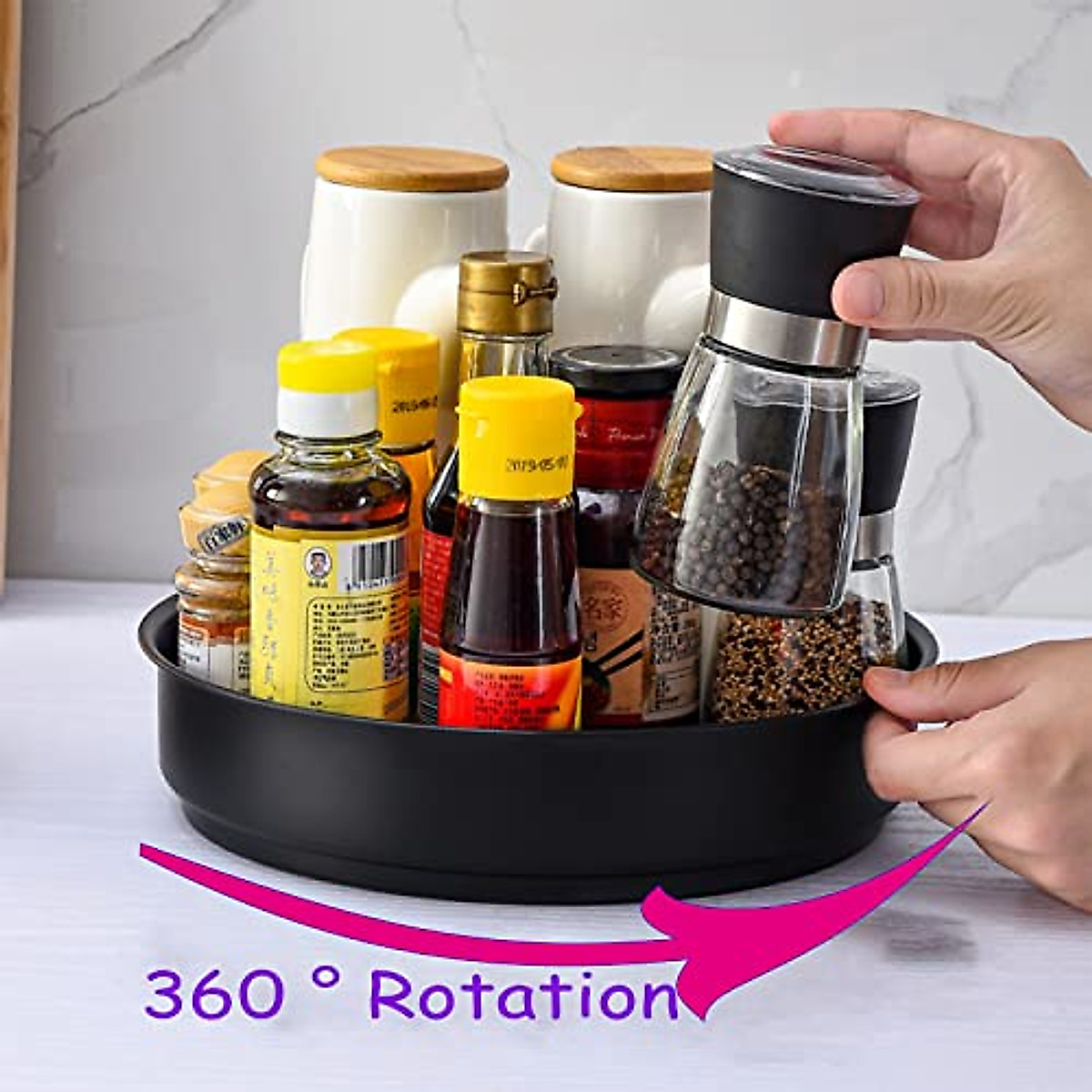 2 Pack Lazy Susan Organizers, Stainless Metal Sturdy Spice Rack with Turntable, Rotate Lazy Susan Seasoning Rack for Kitchen Pantry Cabinet Fridge Table Bathroom （10&8 Inch） Black