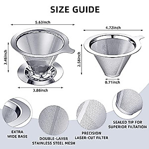 Oecoel 2 Packs, Pour Over Coffee Dripper Double Layer Pour Over Coffee Maker 304 Stainless Steel Manual Coffee Dripper Brewer for Family, Office, Outing, Camping 2Pack (With base + Without base)