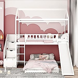 MERITLINE House Bunk Beds with Slide Twin Over Twin Bunk Bed with Stairs for Kids, Wood Twin Bunk Beds with Roof and Two Drawers for Boys or Girls, No Box Spring Needed, White