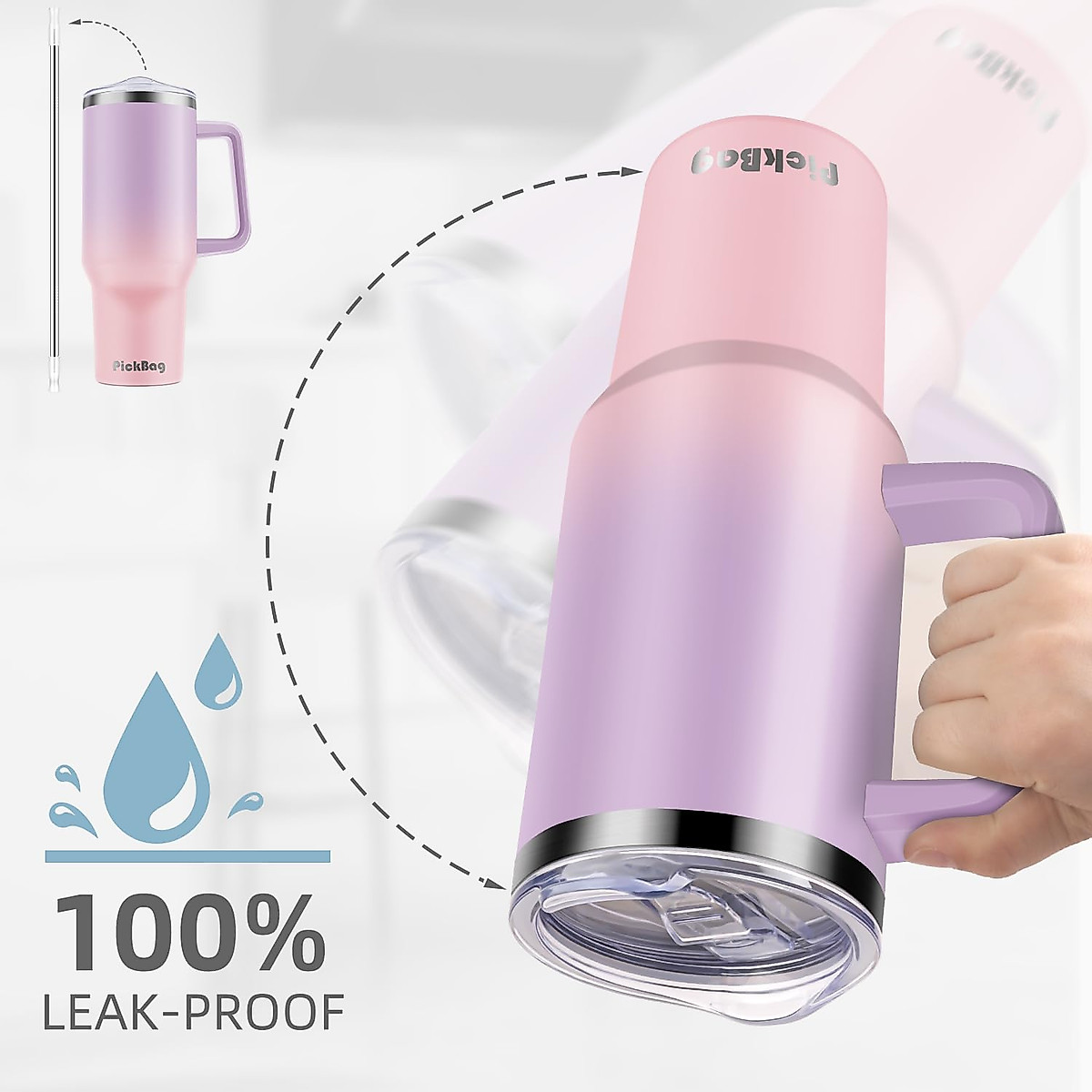 40 oz Tumbler with Handle and Straw, 100% Leak Proof Tumblers Cup, Stainless Steel Insulated Travel Coffee Mug, Keeps Drinks Cold for 24 Hours or Hot for 10 Hrs, Fit for Car Cup Holder, PurplePink