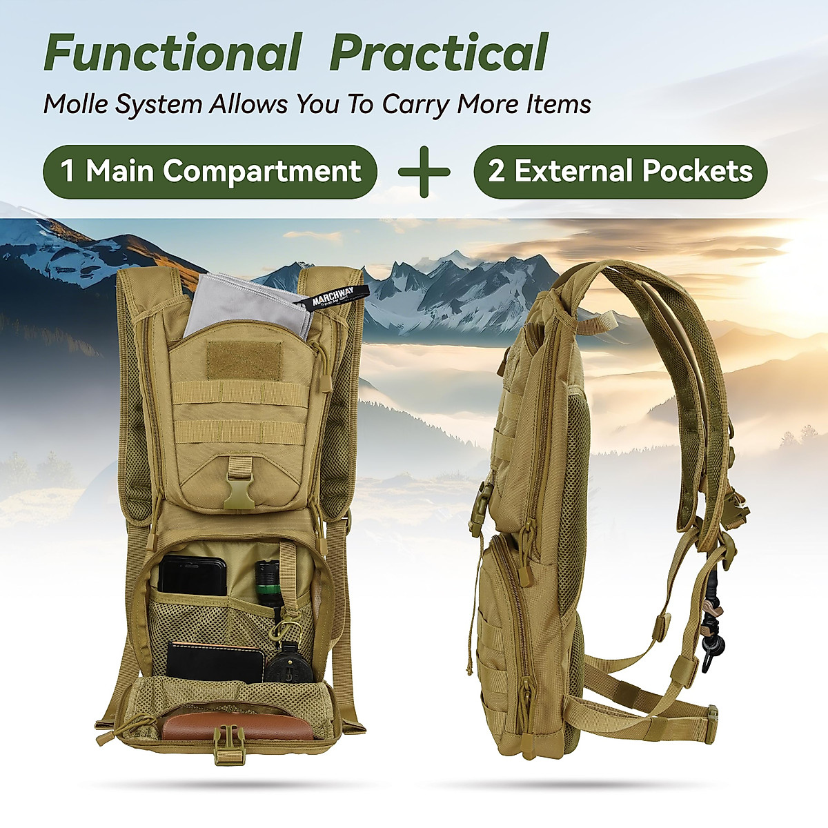 MARCHWAY Tactical Molle Hydration Pack Backpack with 3L TPU Water Bladder, Military Daypack for Cycling, Hiking, Running, Climbing, Hunting, Biking (Tan)